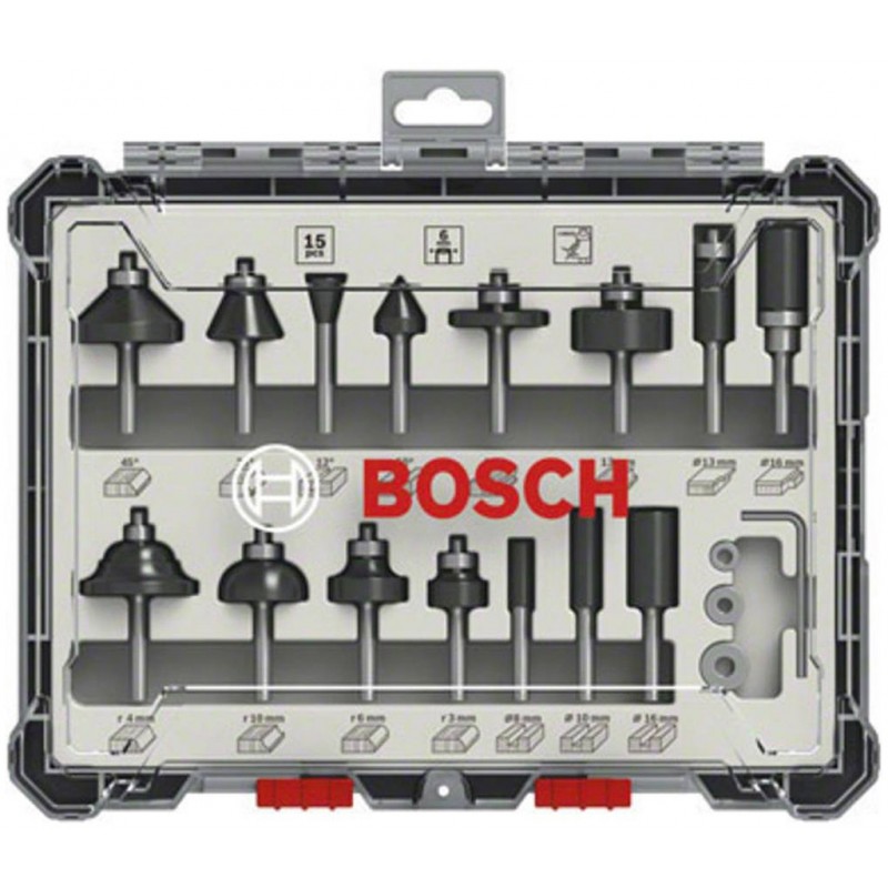 BOSCH Sada tvarových fréz 6 mm s vřetenem, 15 ks 2607017471